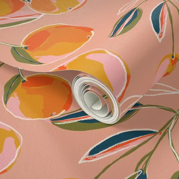Spoonflower Juicy Oranges Hand Drawn Abstract Spring Summer Custom Pre-pasted Wallpaper - Pink,orange,blue