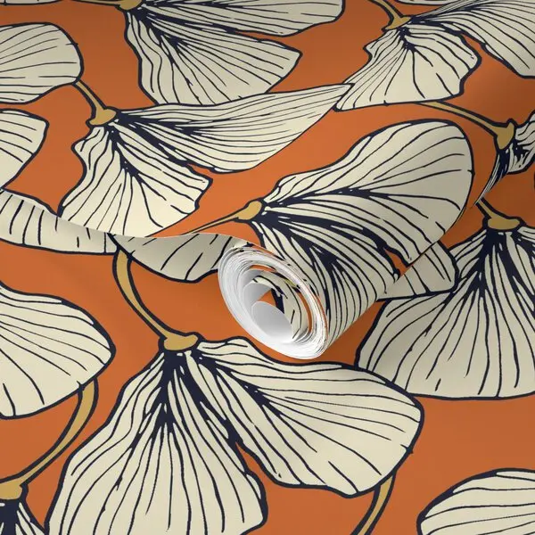 Spoonflower Botanical Autumn Seeds Nature Orange Custom Removable Wallpaper - Orange,white,gray