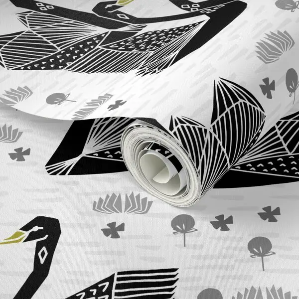 Spoonflower Bird Black And White Water Swan Swans Custom Removable Wallpaper - Black,white,gray