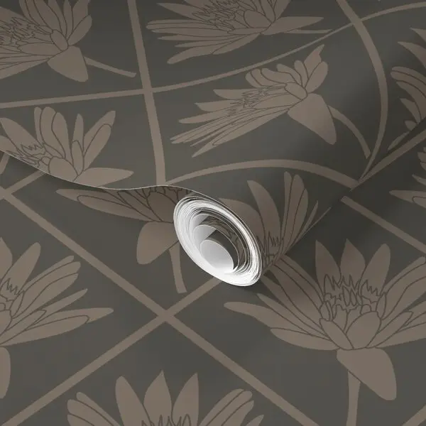 Spoonflower Khaki Lotus Neutral Floral Gray Taupe Custom Pre-pasted Wallpaper - Brown,green,gray