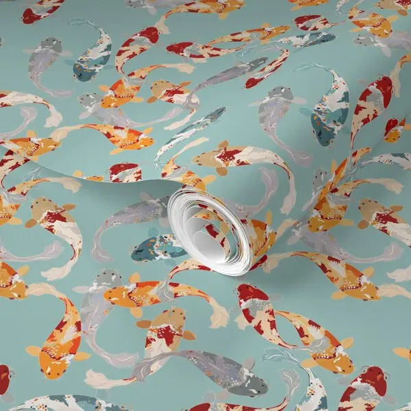 Spoonflower Japanese Koi Fish Ornamental Carp Orange And Blue Custom Pre-pasted Wallpaper - Blue,orange,gray