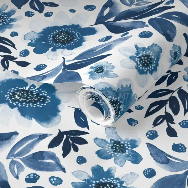 Spoonflower Country Floral Indigo Watercolor Blue And White Custom Pre-pasted Wallpaper - Blue,white,indigo