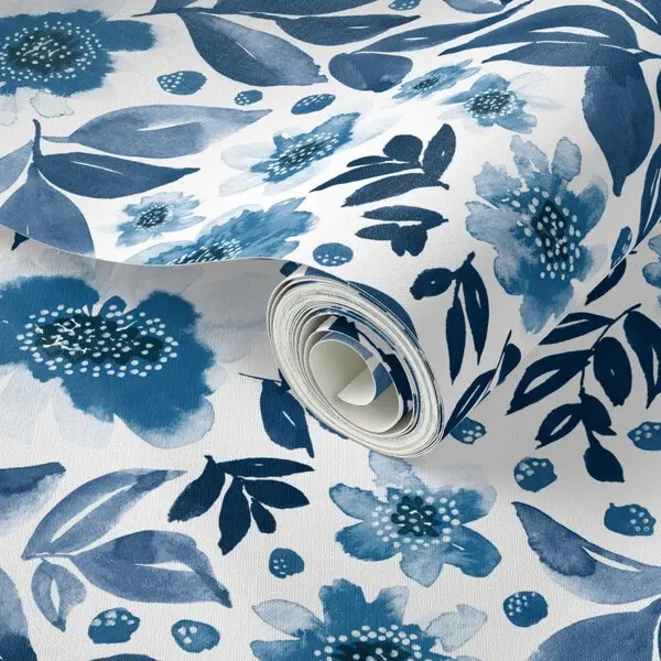 Spoonflower Country Floral Indigo Watercolor Blue And White Custom Pre-pasted Wallpaper - Blue,white,indigo