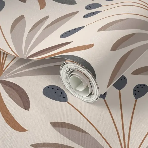 Spoonflower 20s Geo Floral Geometric Flowers Taupe Tan Neutral Custom Pre-pasted Wallpaper - Beige,blue,tan