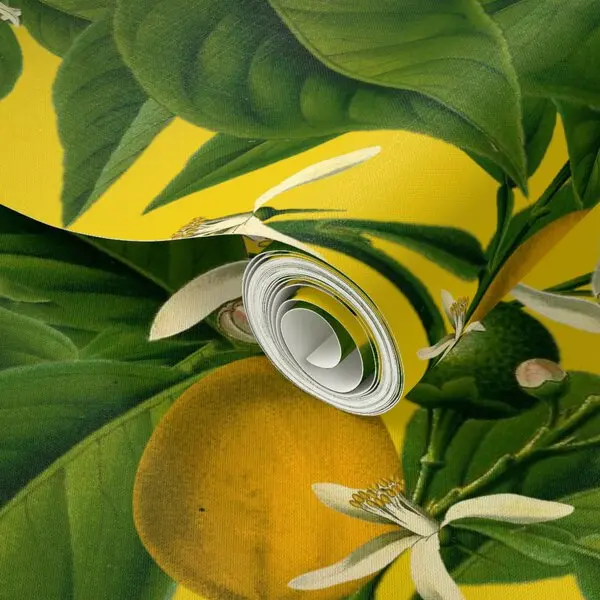 Spoonflower Yellow Leaves Floral Fruit Gold Citrus Custom Removable Wallpaper - Yellow,green,gray