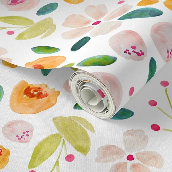 Spoonflower Bloom Holly Florals Floral Flower Pink Red Berry Custom Pre-pasted Wallpaper - Gray,green,blue