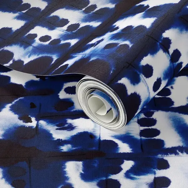 Spoonflower Blue Indigo Abstract Watercolor Tie Dye Navy Dots Custom Pre-pasted Wallpaper - Blue,white,indigo