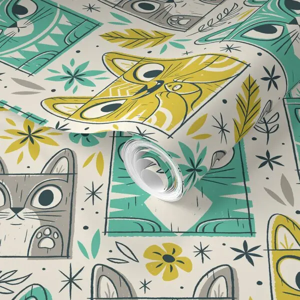 Spoonflower Cute Retro Cat Summer Tropical Tiki Kitschy Custom Pre-pasted Wallpaper - Green,blue,yellow