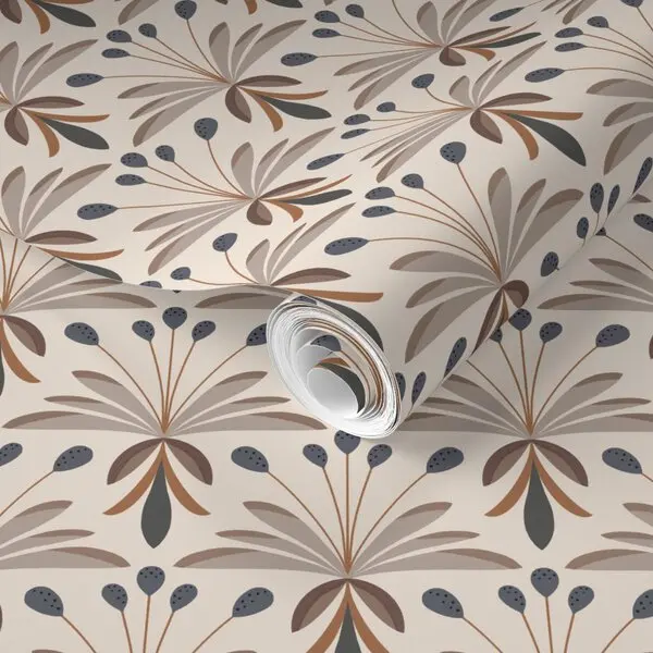 Spoonflower Neutral Damask Copper Beige Blue Art Deco Taupe Custom Pre-pasted Wallpaper - Beige,blue,tan