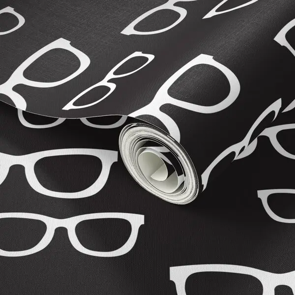 Spoonflower White Glasses Black Hipster Custom Pre-pasted Wallpaper - Black,white,gray