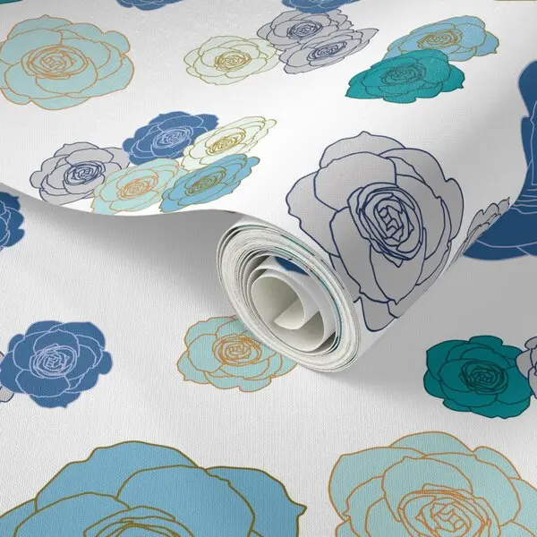Spoonflower Roses Blue Teal Turquoise Floral Flowers Rose Custom Pre-pasted Wallpaper - Blue,white,mint