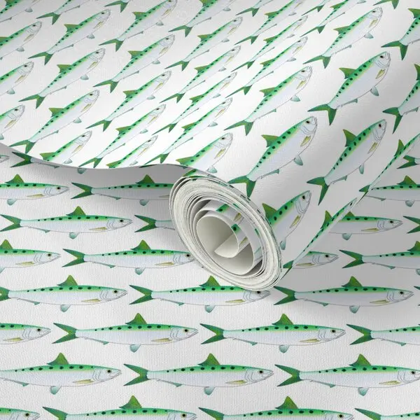 Spoonflower Fish Ocean Bait Herring Sardine Custom Pre-pasted Wallpaper - Mint,green