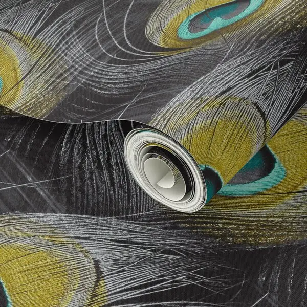 Spoonflower Peacock Sarah Walden Vain Vanity Nature Feather Custom Removable Wallpaper - Black,green,gray