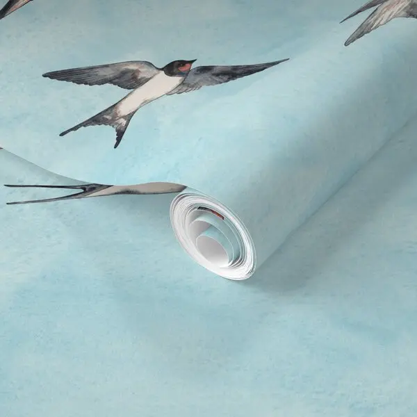 Spoonflower Swallow Flight Blue Sky Custom Pre-pasted Wallpaper - Blue,gray