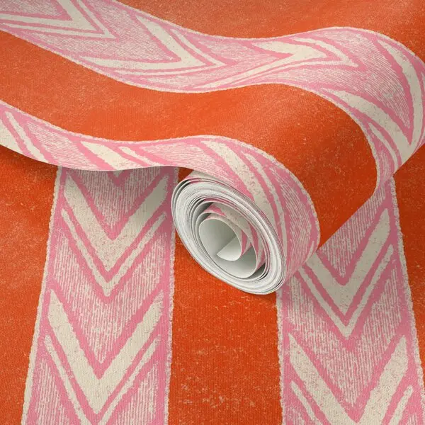 Spoonflower Pink Hand Drawn Chevron Thick Stripes Folk Art Custom Pre-pasted Wallpaper - Pink,red,cream