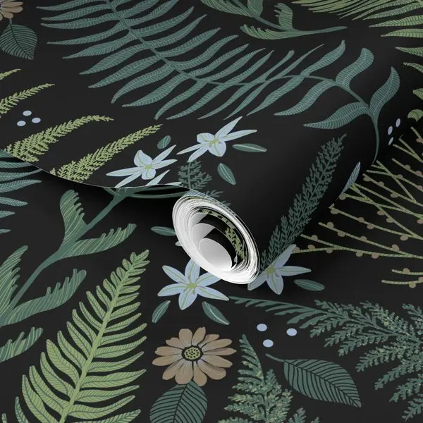 Spoonflower Fern Forest Black Hawaii Palapalai Dark Tropical Traditional Wallpaper - Black,green,mint