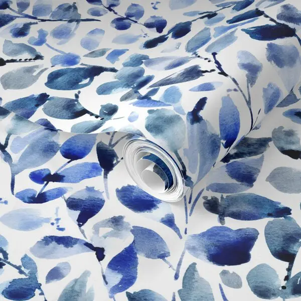 Spoonflower Blue Leaves Navy Watercolor Painted Custom Removable Wallpaper - Blue,gray