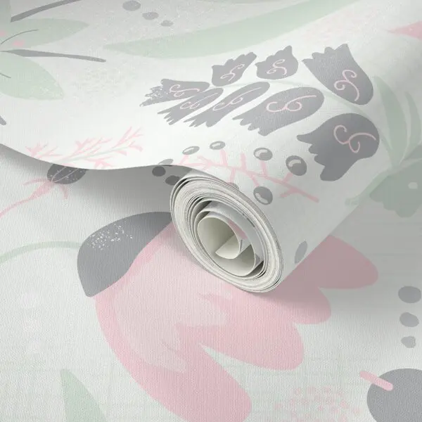 Spoonflower Gray Cream Peach Wildflowers Floral Bouquet Custom Pre-pasted Wallpaper - Green,pink,white