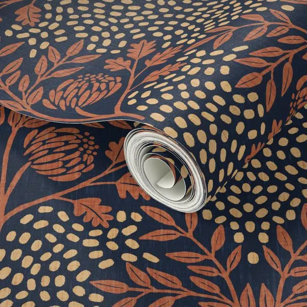 Spoonflower Romantic Damask Floral Vintage Navy Blue Copper Custom Pre-pasted Wallpaper - Blue,orange,navy