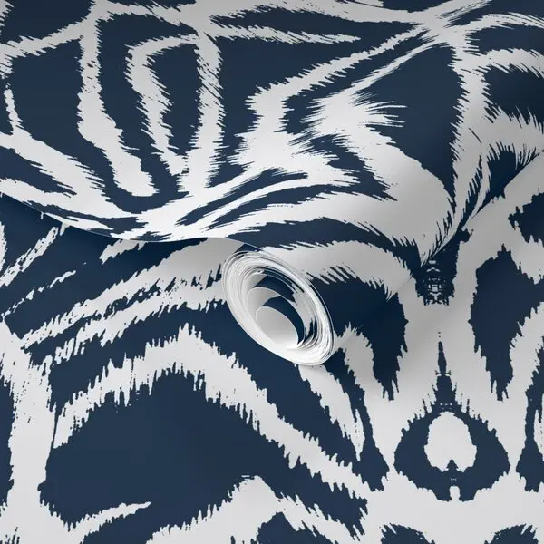 Spoonflower White Indigo Ikat Shibori Style Zebra Print Custom Pre-pasted Wallpaper - Blue,white,navy