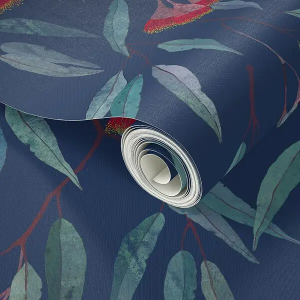 Spoonflower Australian Eucalyptus Flowers Blue Floral Custom Removable Wallpaper - Blue,green,red