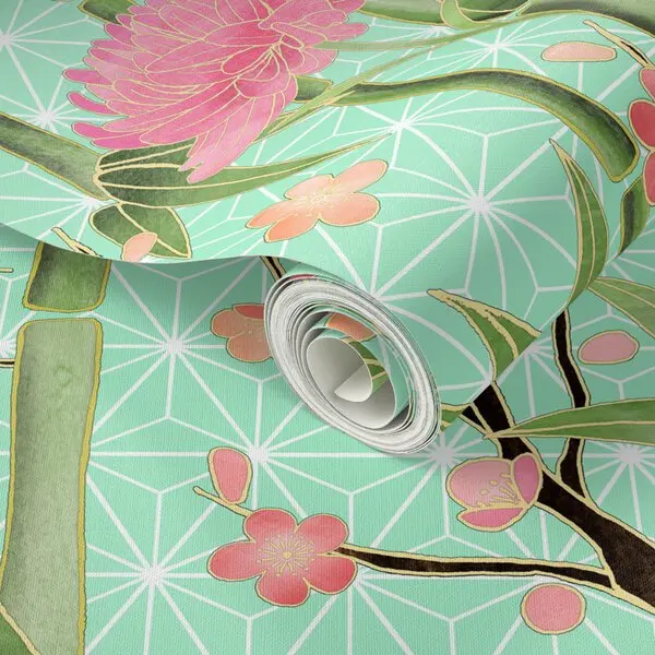 Spoonflower Bamboo Birds Blossoms Mint Traditional Japanese Custom Removable Wallpaper - Green,pink,mint