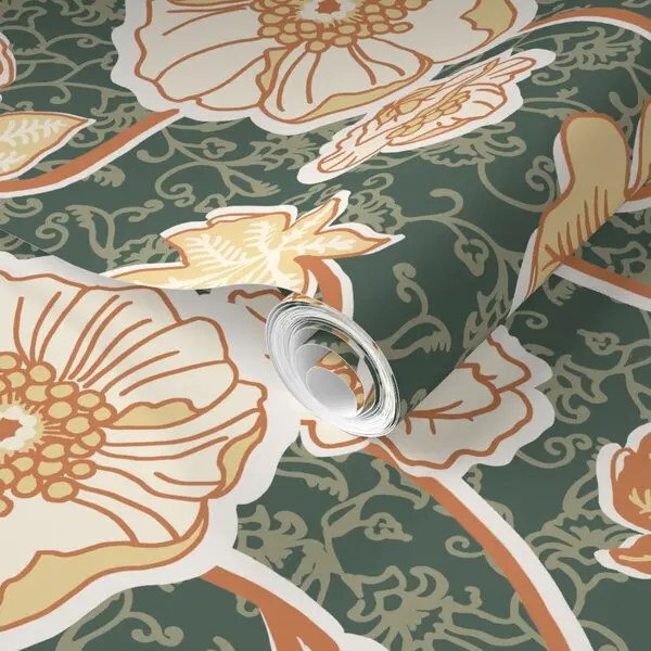 Spoonflower Flowering Vines Cream Flowers Green Botanical Custom Pre-pasted Wallpaper - Green,orange,beige