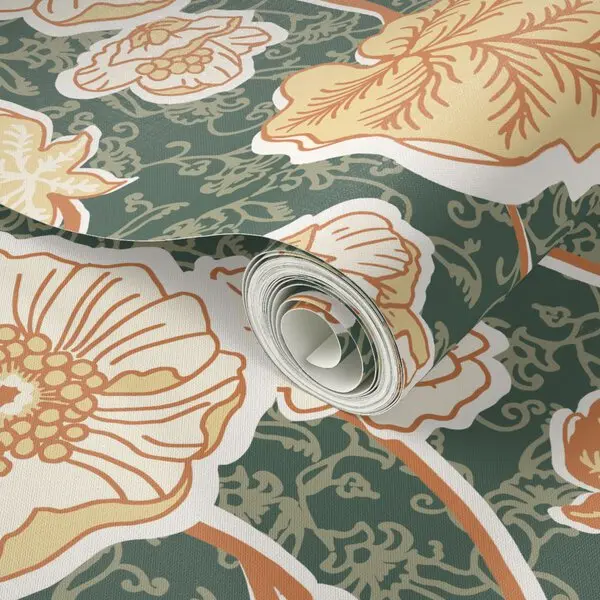 Spoonflower Flowering Vines Cream Flowers Green Botanical Custom Pre-pasted Wallpaper - Green,orange,beige