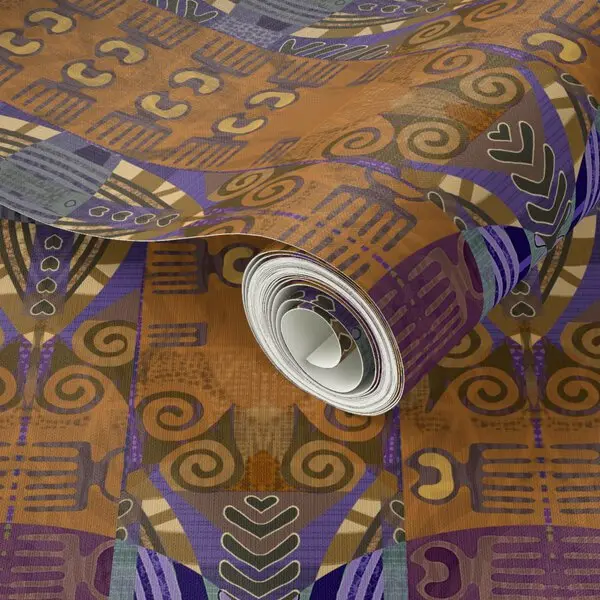 Spoonflower Purple Violet Tan Blue Brown Ivory Mudcloth Africa Custom Removable Wallpaper - Brown,purple,blue