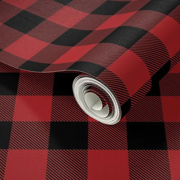 Spoonflower Buffalo Check Plaid Red Black Gingham Christmas Custom Removable Wallpaper - Brown,red