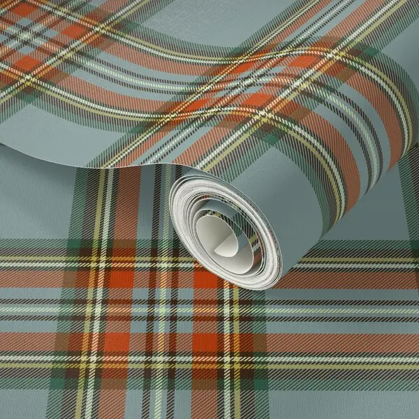 Spoonflower Blue Antique Tartan Scotland Check Preppy Plaid Custom Pre-pasted Wallpaper - Blue,orange,green