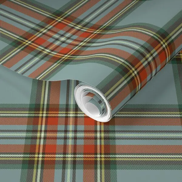 Spoonflower Blue Antique Tartan Scotland Check Preppy Plaid Custom Pre-pasted Wallpaper - Blue,orange,green