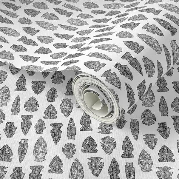 Spoonflower Black White Arrow Sketch Grayscale Boho Custom Pre-pasted Wallpaper - Black,white,gray