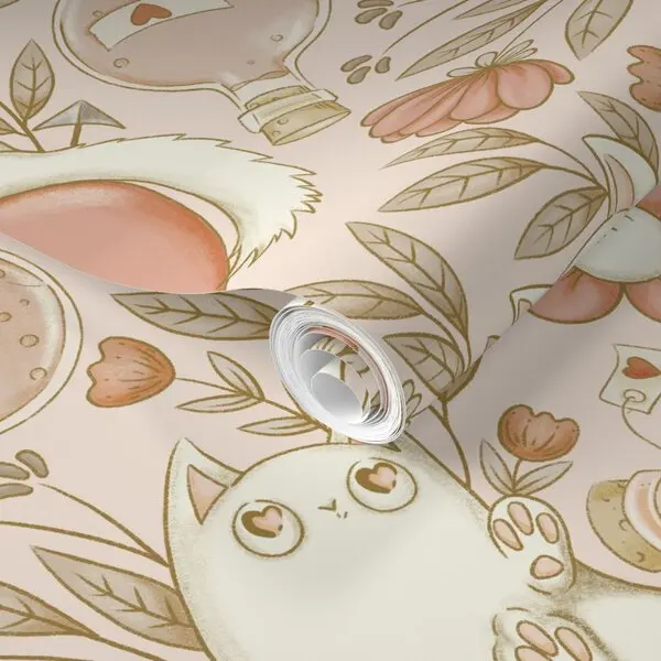 Spoonflower Whimsical Cats Neutral Blush Pink Cupid Love Custom Pre-pasted Wallpaper