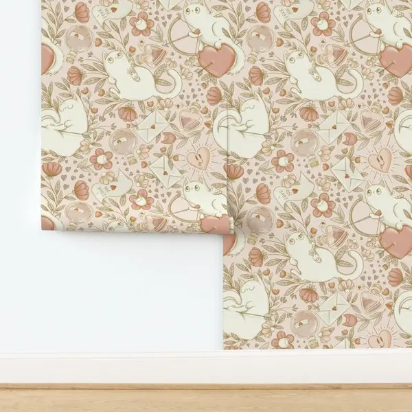 Spoonflower Whimsical Cats Neutral Blush Pink Cupid Love Custom Pre-pasted Wallpaper