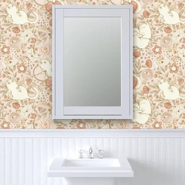 Spoonflower Whimsical Cats Neutral Blush Pink Cupid Love Custom Pre-pasted Wallpaper
