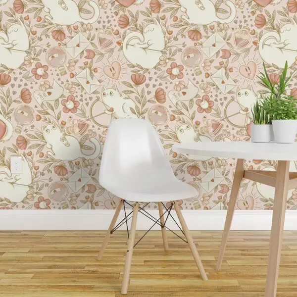 Spoonflower Whimsical Cats Neutral Blush Pink Cupid Love Custom Pre-pasted Wallpaper
