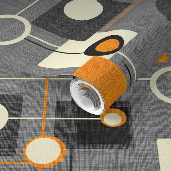 Spoonflower Orbs Squares Orange Gray Black Vintage Mid Century Custom Pre-pasted Wallpaper - Gray,orange,black