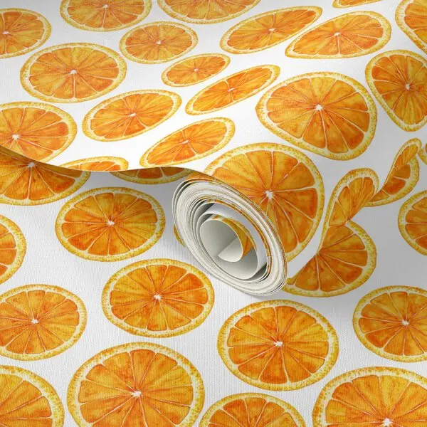 Spoonflower Orange Watercolor Fruit Citrus Pattern Painting Custom Pre-pasted Wallpaper - Orange,green,yellow