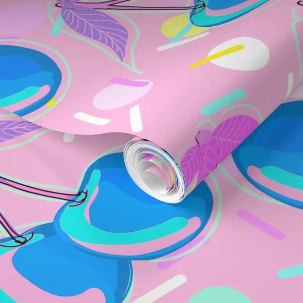 Spoonflower Cartoon Cherries Bright Colors Pink Blue Neon Look Custom Removable Wallpaper - Pink,blue