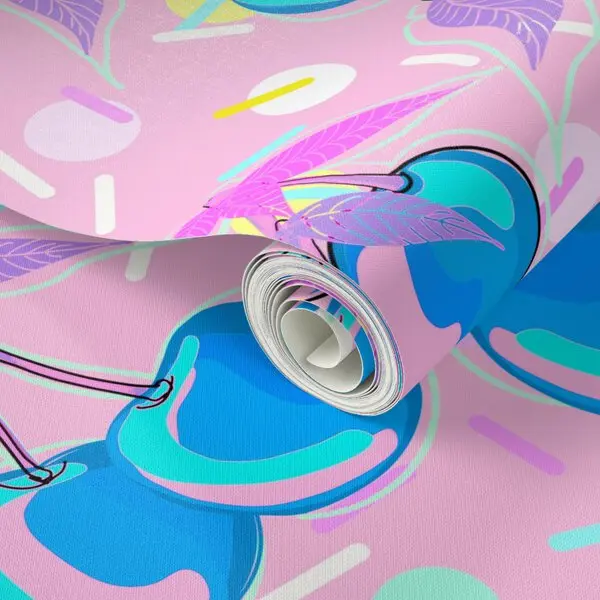 Spoonflower Cartoon Cherries Bright Colors Pink Blue Neon Look Custom Pre-pasted Wallpaper - Pink,blue