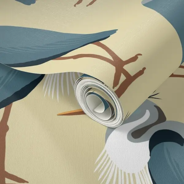 Spoonflower Blue Heron Sand Tan Neutral Egret Crane Marshland Custom Pre-pasted Wallpaper - Blue,beige,gray
