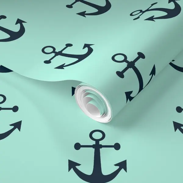 Spoonflower Anchors Nautical Navy Mint Preppy Boat Gender Custom Removable Wallpaper - Mint,blue,green