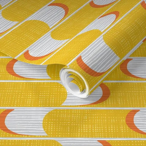 Spoonflower Mid Century Modern Abstract Books Sunny Custom Pre-pasted Wallpaper - Yellow