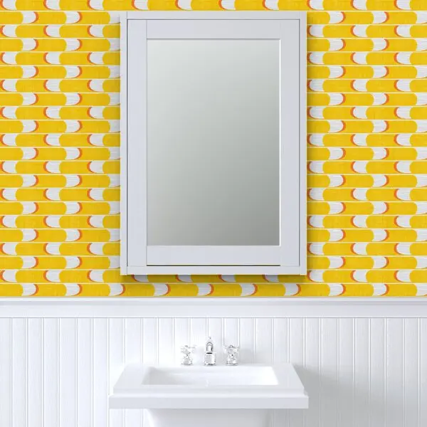 Spoonflower Mid Century Modern Abstract Books Sunny Custom Pre-pasted Wallpaper - Yellow