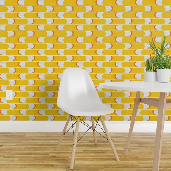Spoonflower Mid Century Modern Abstract Books Sunny Custom Pre-pasted Wallpaper - Yellow