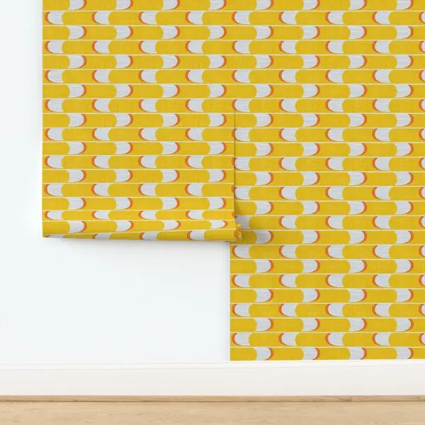 Spoonflower Mid Century Modern Abstract Books Sunny Custom Pre-pasted Wallpaper - Yellow