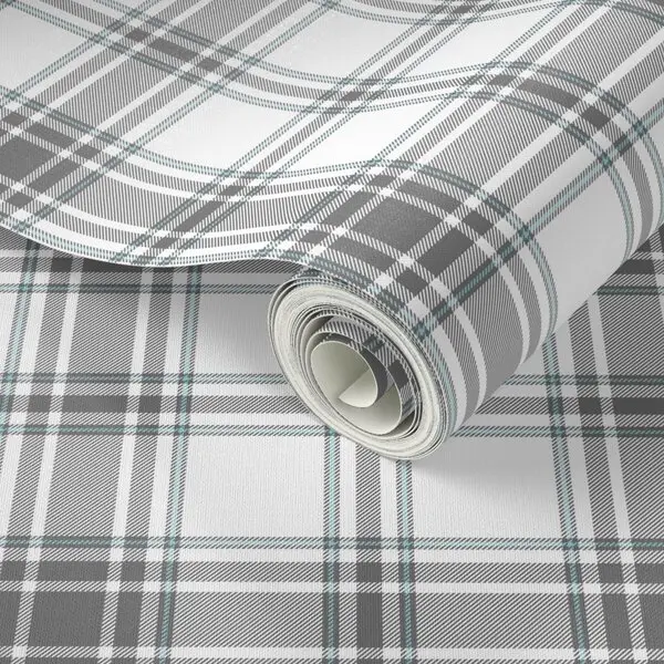 Spoonflower Trendy1 Plaid Grey Custom Pre-pasted Wallpaper - Blue,gray,white
