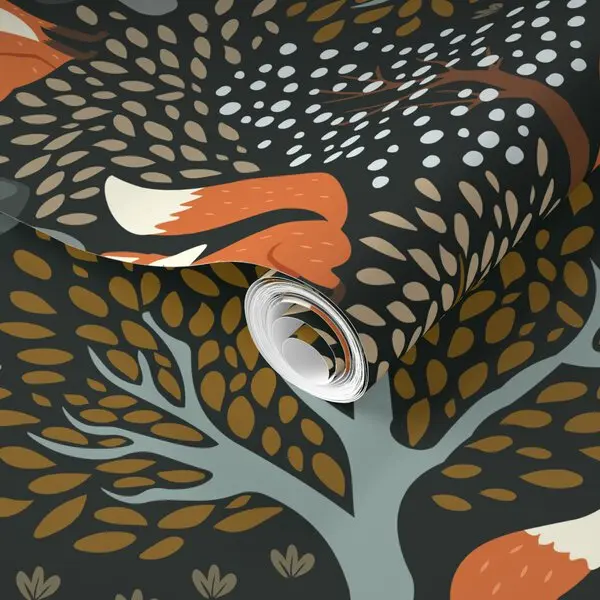 Spoonflower Green Red Fox Whimsical Woodland Autumn Fall Custom Pre-pasted Wallpaper - Green,blue,orange