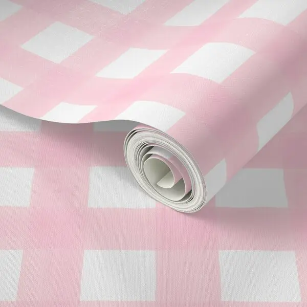 Spoonflower Watercolor Gingham Buffalo Check Checks Custom Pre-pasted Wallpaper - Pink,white,red